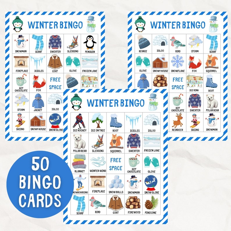 Winter Bingo, 50 Winter Bingo Cards, Winter Activity for Kids, Winter ...