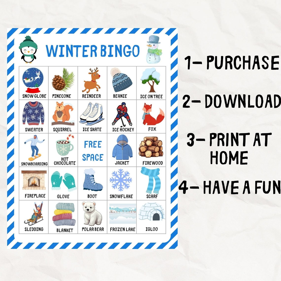 Winter Bingo, 50 Winter Bingo Cards, Winter Activity for Kids, Winter ...