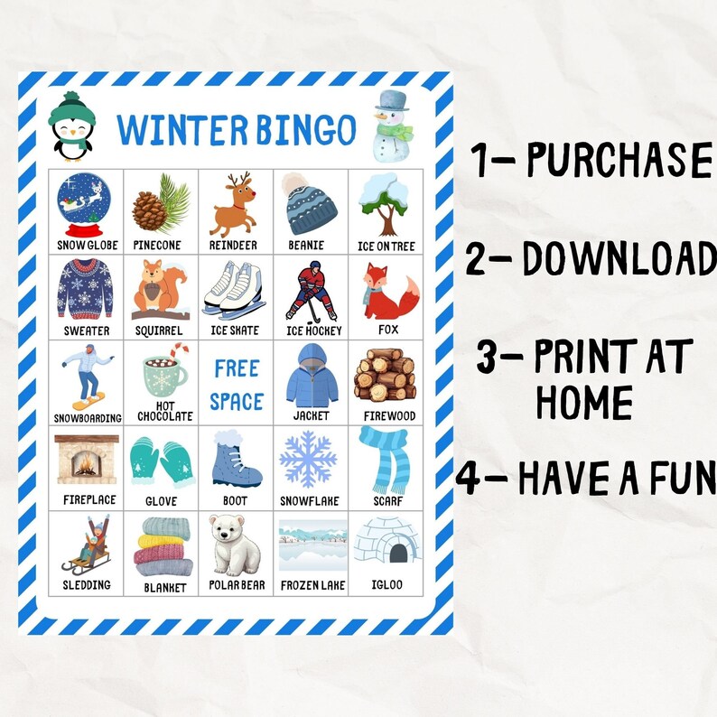 Winter Bingo, 50 Winter Bingo Cards, Winter Activity for Kids, Winter ...