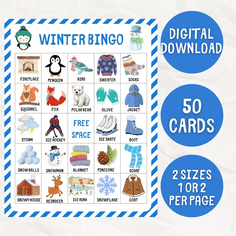 Winter Bingo, 50 Winter Bingo Cards, Winter Activity for Kids, Winter ...