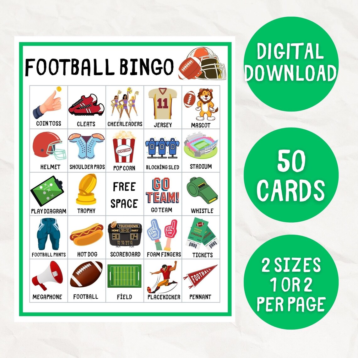 Football Bingo, 50 Football Bingo Cards, Football Activity, Kid's ...