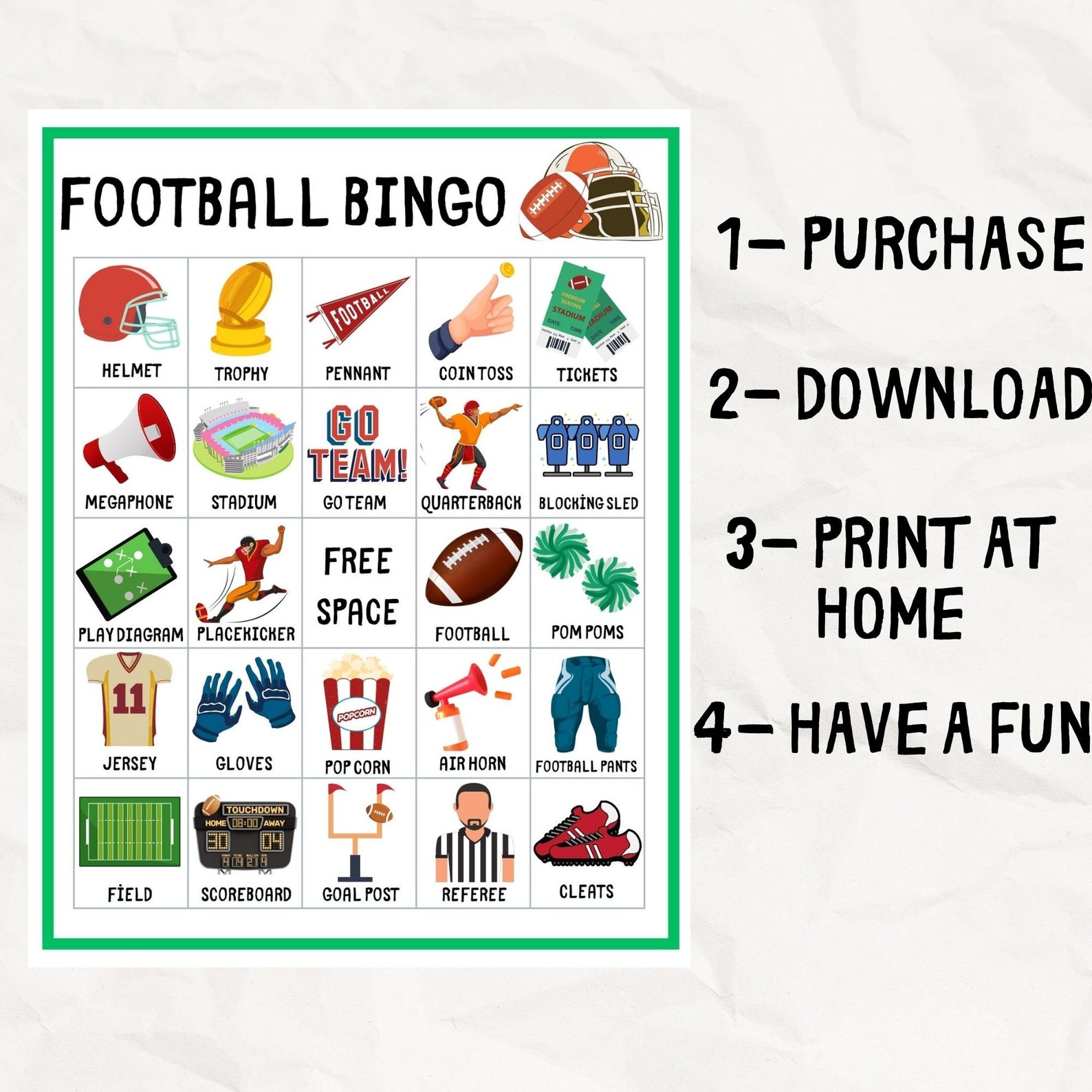 Football Bingo, 50 Football Bingo Cards, Football Activity, Kid's ...