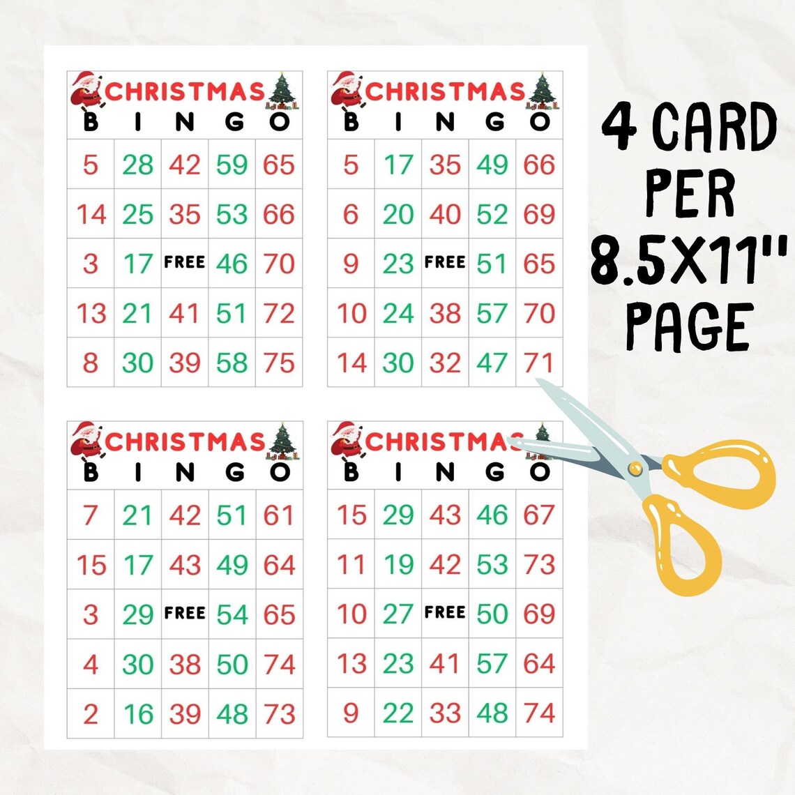 Christmas Bingo, 300 Christmas Bingo Cards, 1-2 or 4 per Page ...