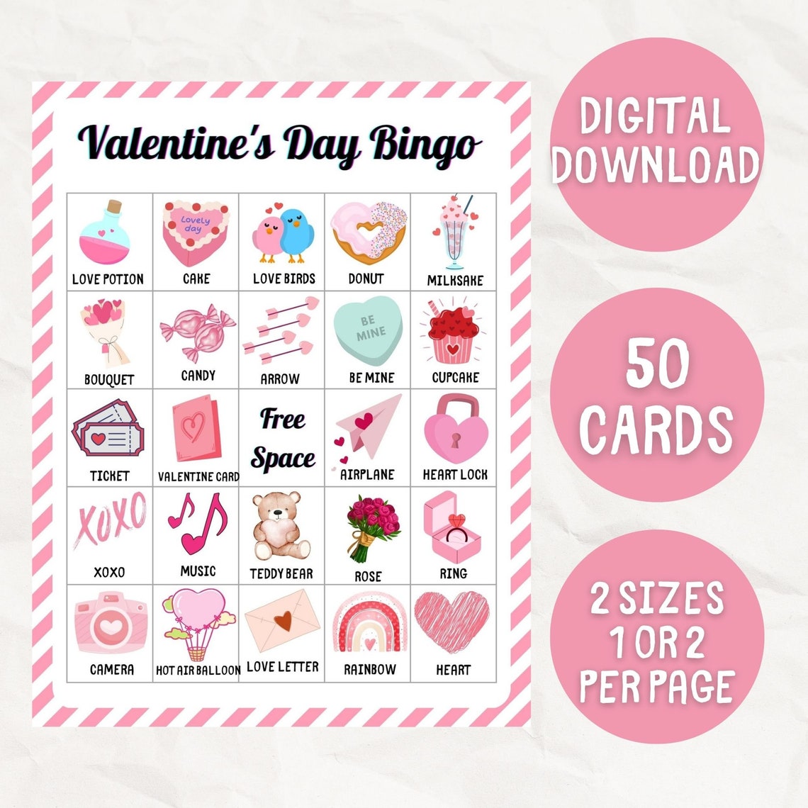 Valentine's Day Bingo, 50 Printable Valentine's Bingo Card, Valentine's ...