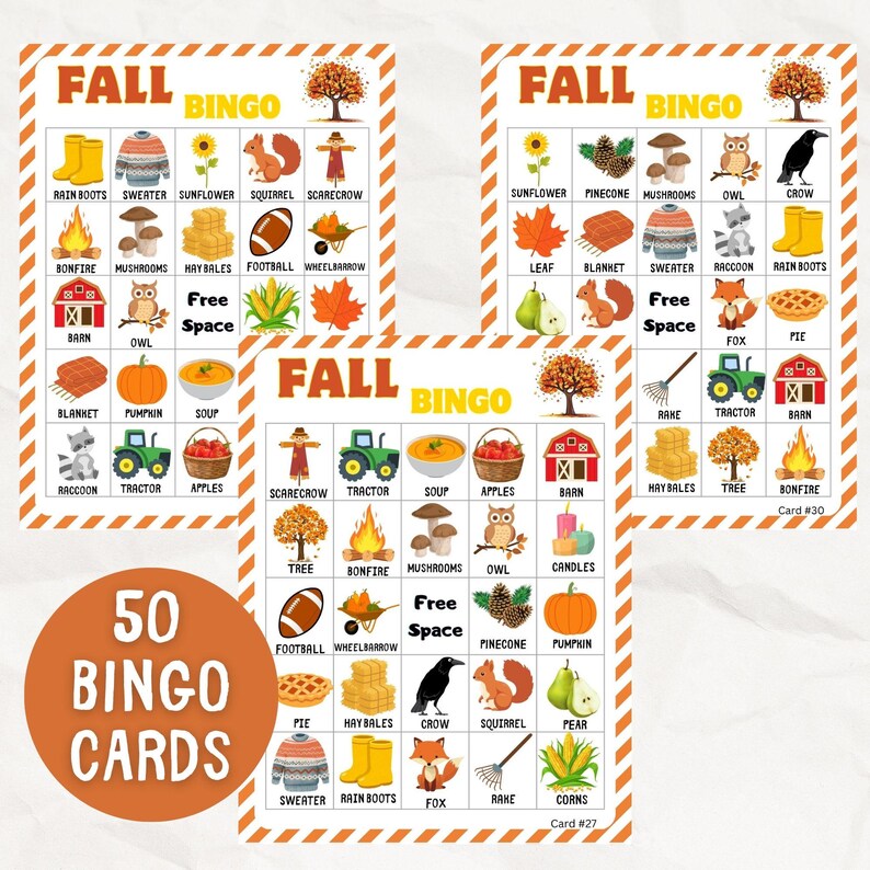 50 Fall Bingo Cards, Autumn Games for Kids, Fall Classroom Party Game ...