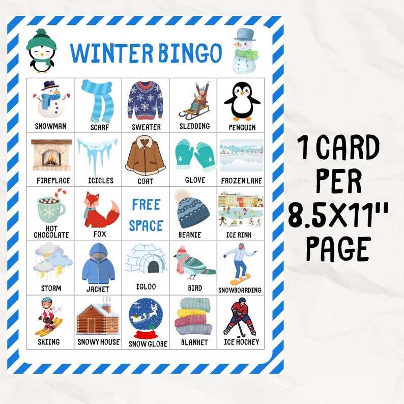 Winter Bingo, 50 Winter Bingo Cards, Winter Activity for Kids, Winter ...