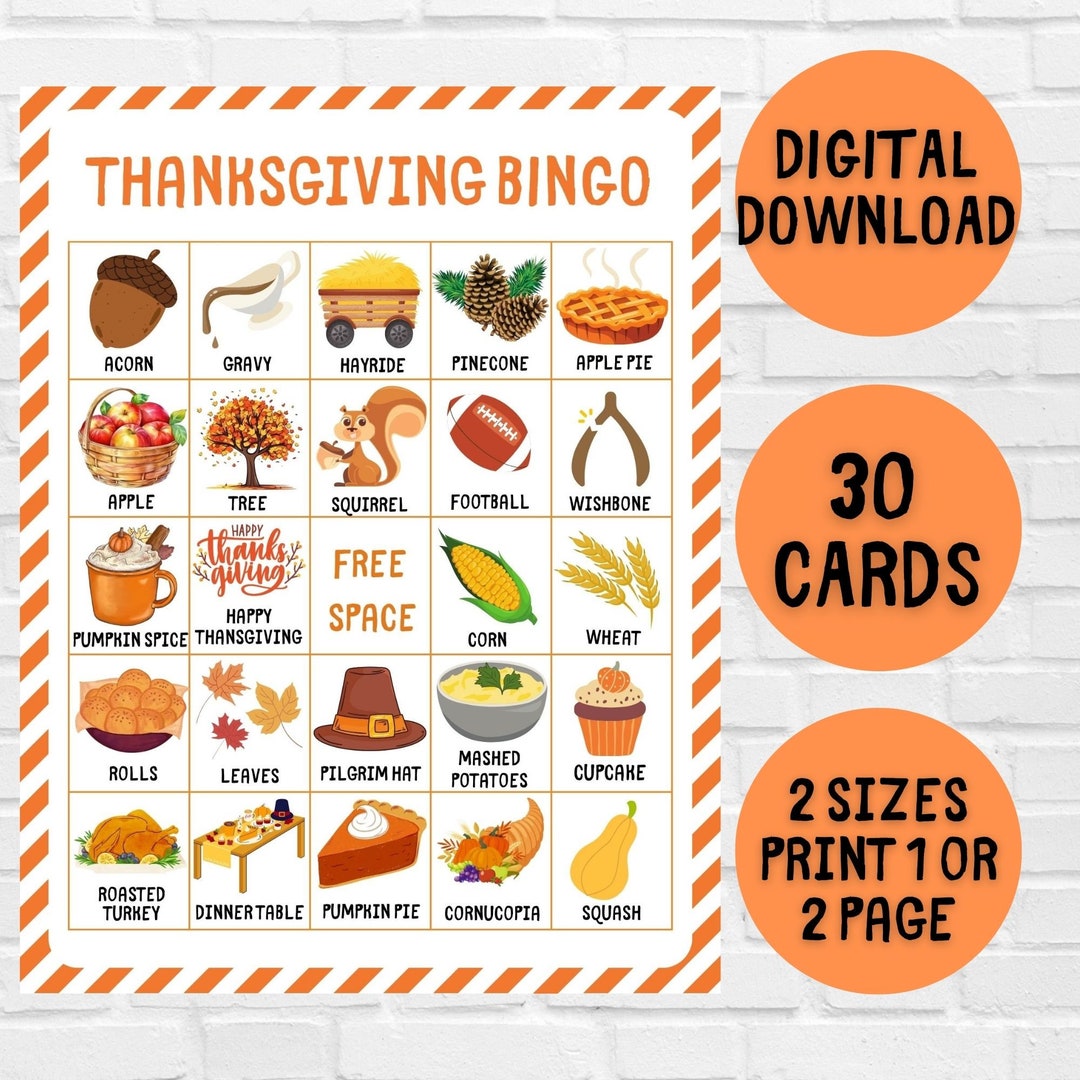 Thanksgiving Bingo, 30 Printable Thanksgiving Bingo Cards, Classroom ...