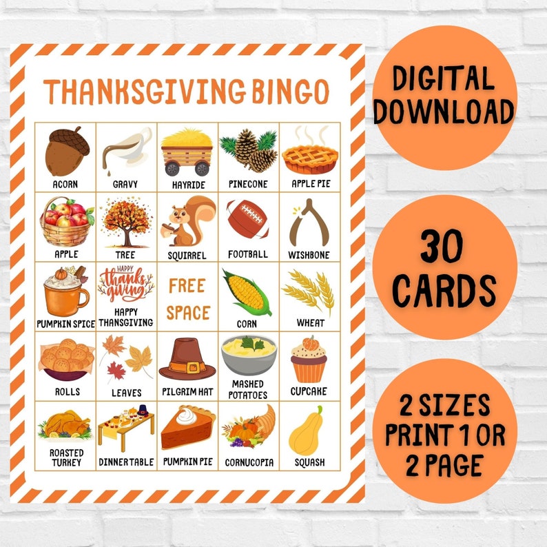 Thanksgiving Bingo, 30 Printable Thanksgiving Bingo Cards, Classroom ...
