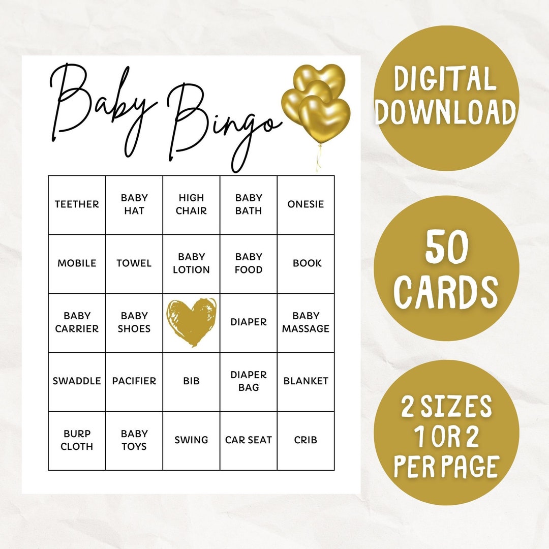 50 Baby Shower Bingo Cards, Printable Baby Gold Bingo Game Cards ...