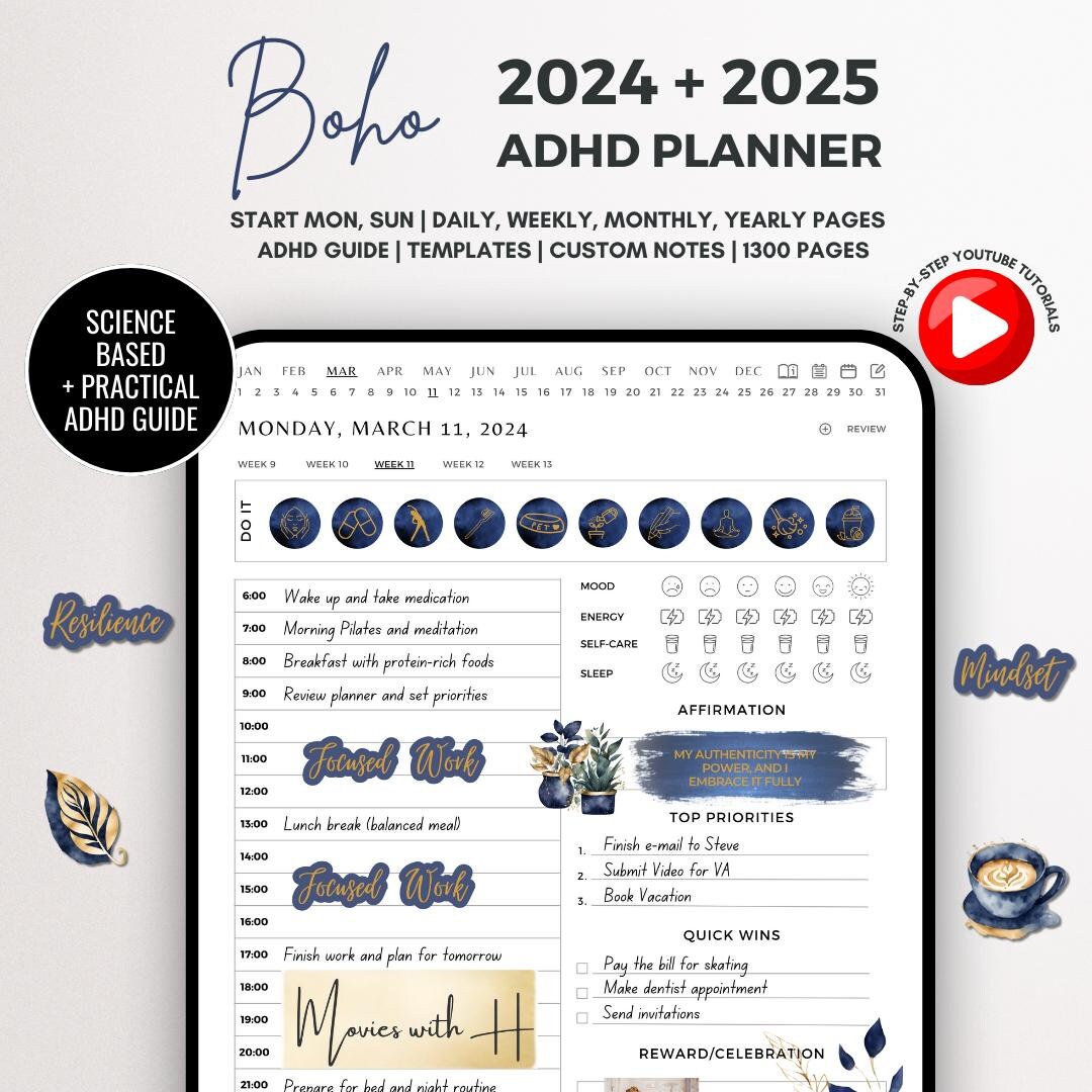 ADHD 2024 2025 Goodnotes Planner iPad Dated Daily Digital Daily Journal ...