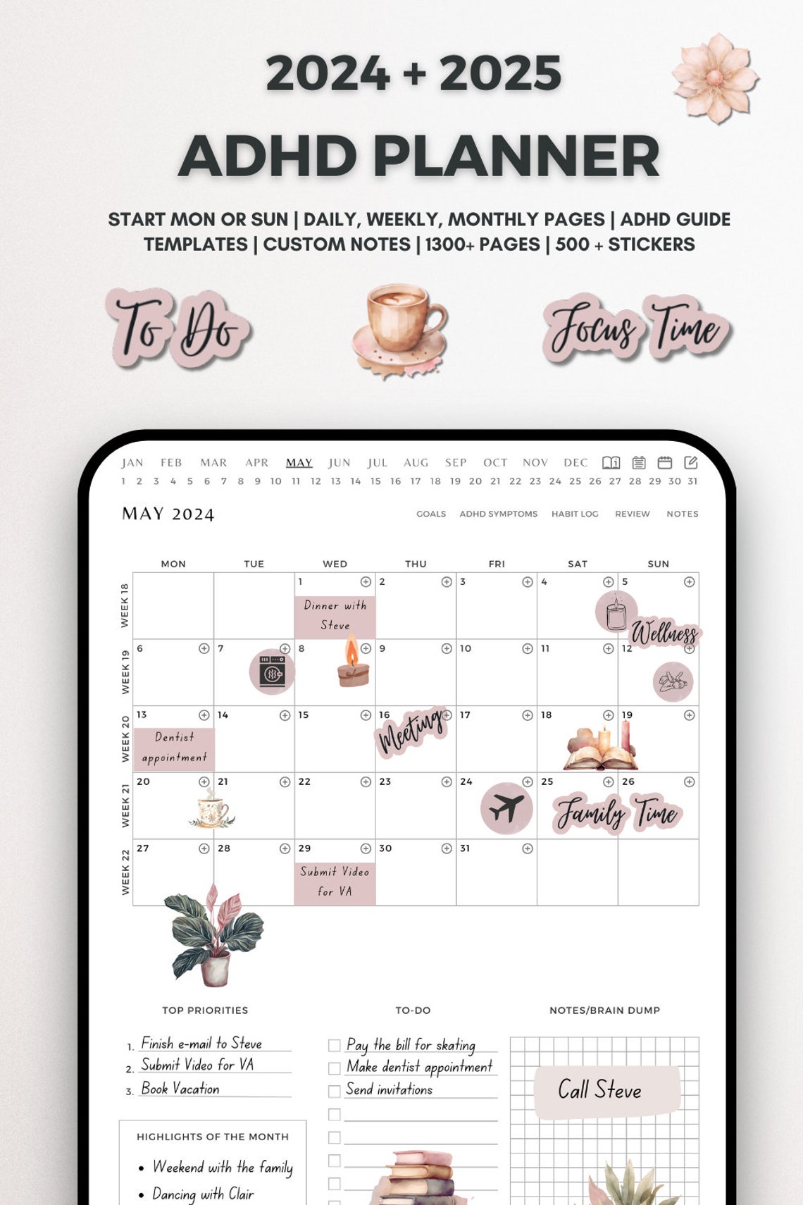 Adhd Digital Planner Goodnotes 2024 2025 iPad Journal Calendar for Goal ...