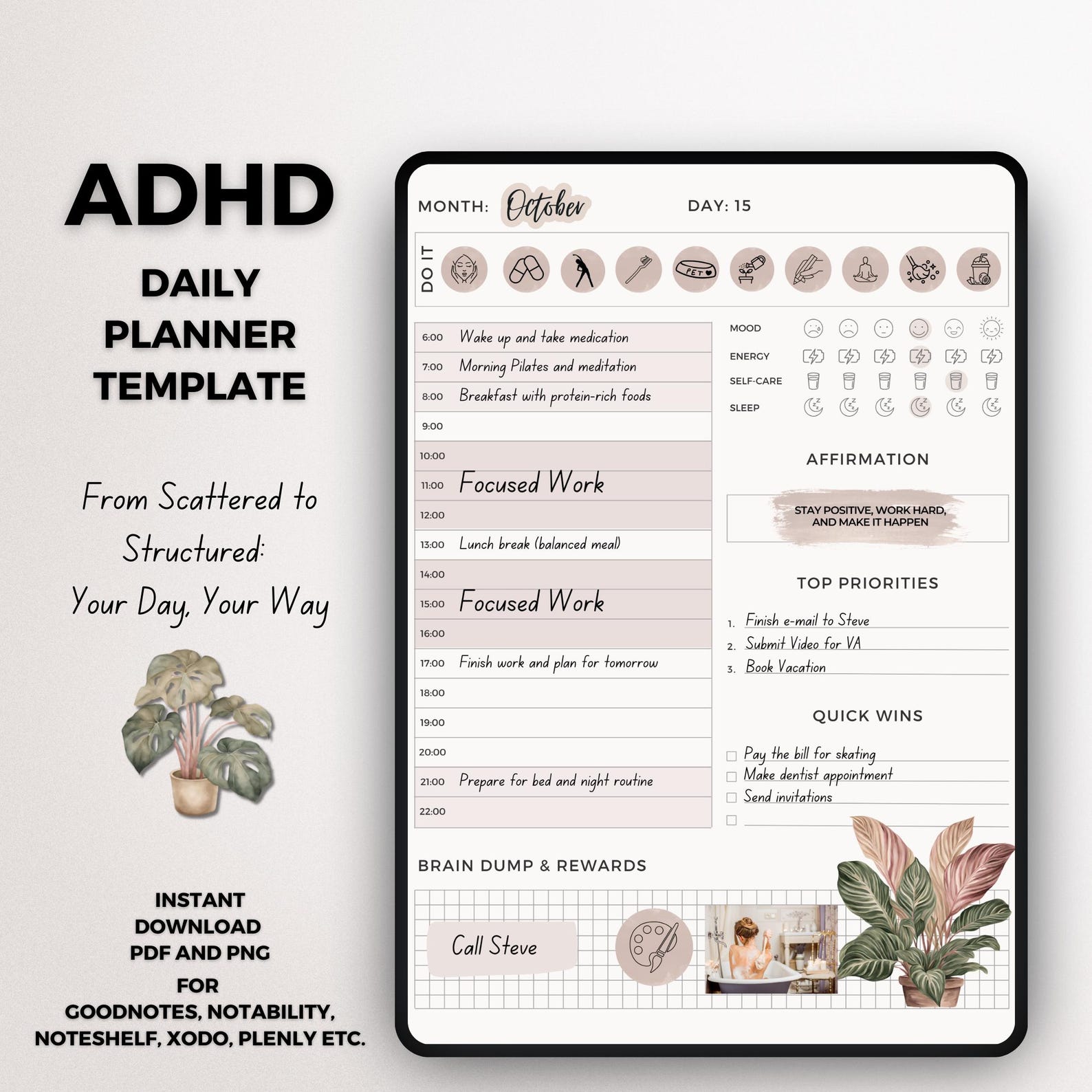 ADHD Daily Planner Template Goodnotes Journal Digital Organizer iPad ...