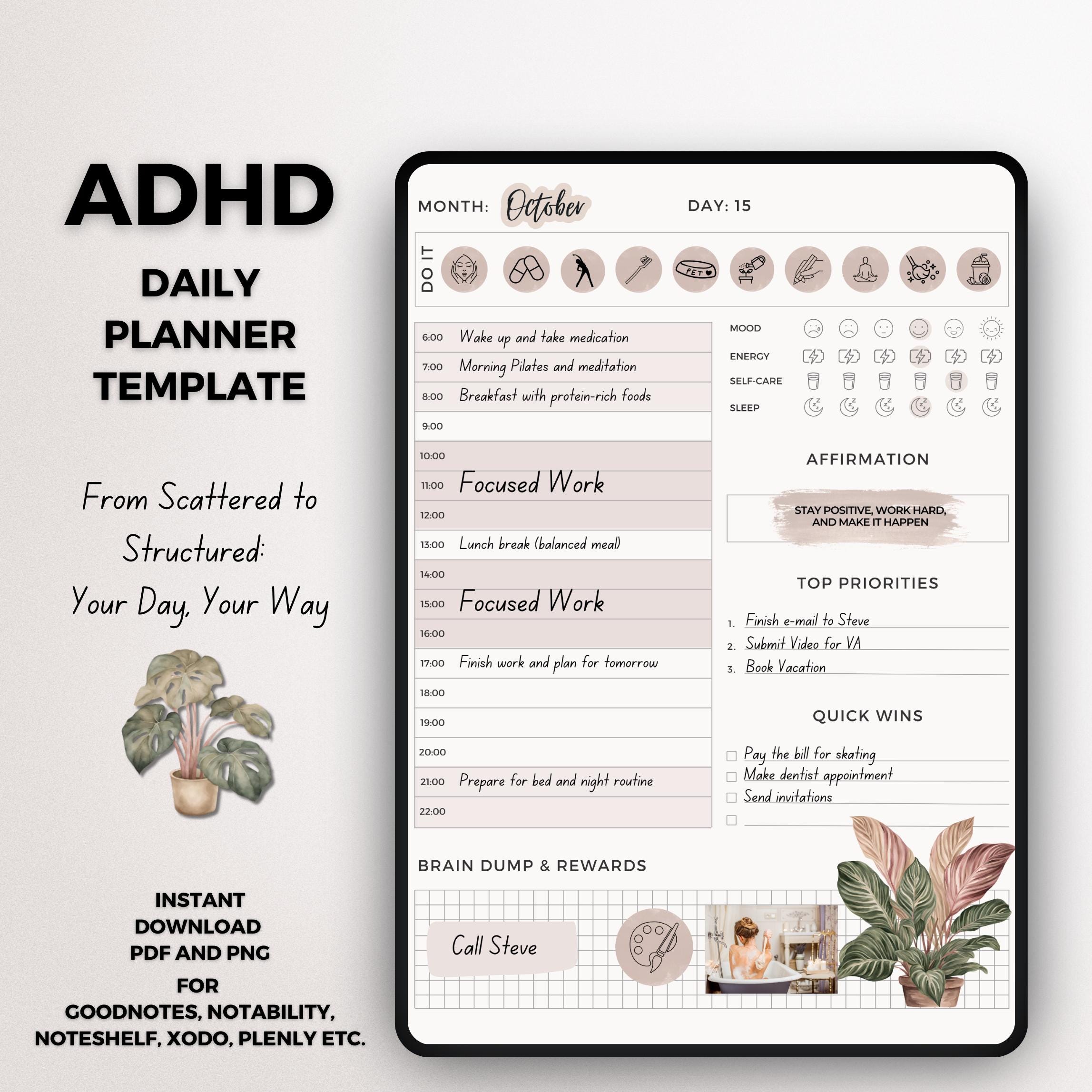ADHD Daily Planner Template Goodnotes Journal Digital Organizer iPad ...