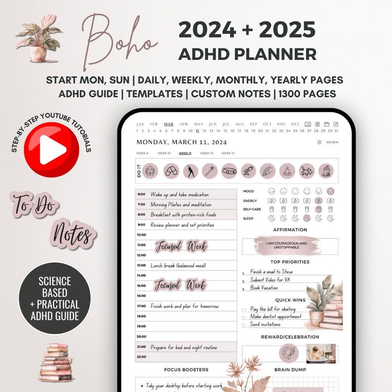 Adhd Digital Planner Goodnotes 2024 2025 iPad Journal Calendar for Goal ...