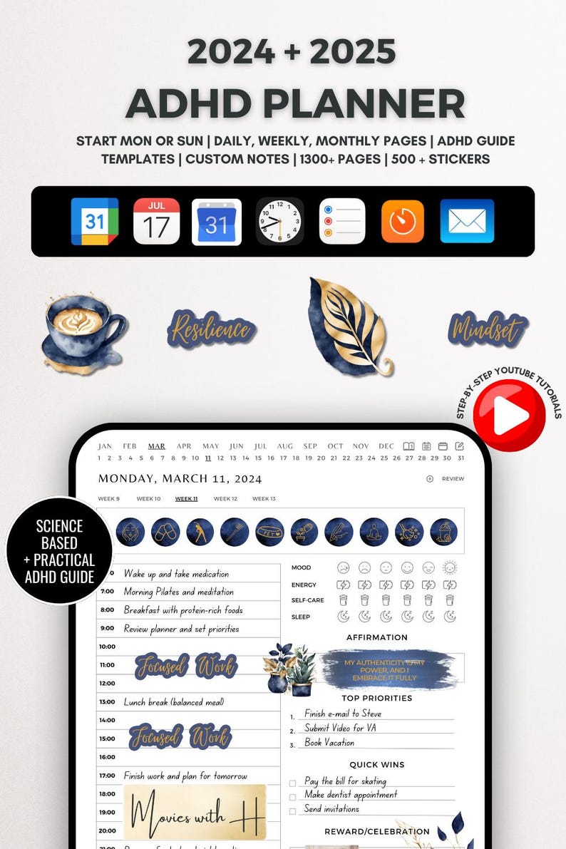 ADHD 2024 2025 Goodnotes Planner iPad Dated Daily Digital Daily Journal ...