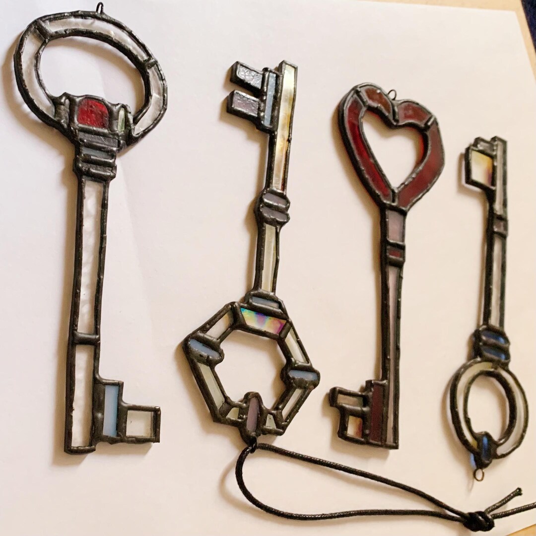 Set of 4 Unique Stained Glass Keys Handcrafted Christmas Tree Ornaments ...
