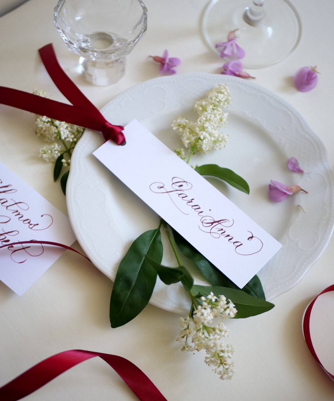 Wedding Place Cards With Wine Red Ribbon Handwitten Calligraphy Name ...