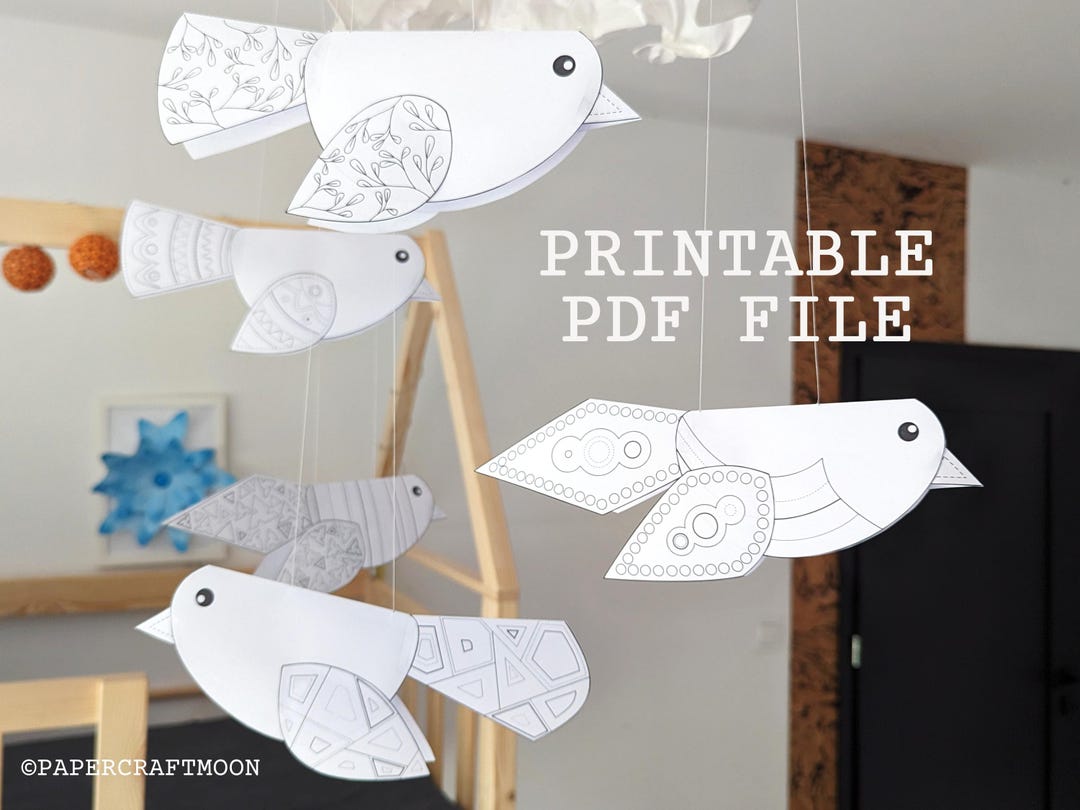 3D DIY Paper Mobile Printable Simple Craft for Kids, Hanging Birds ...