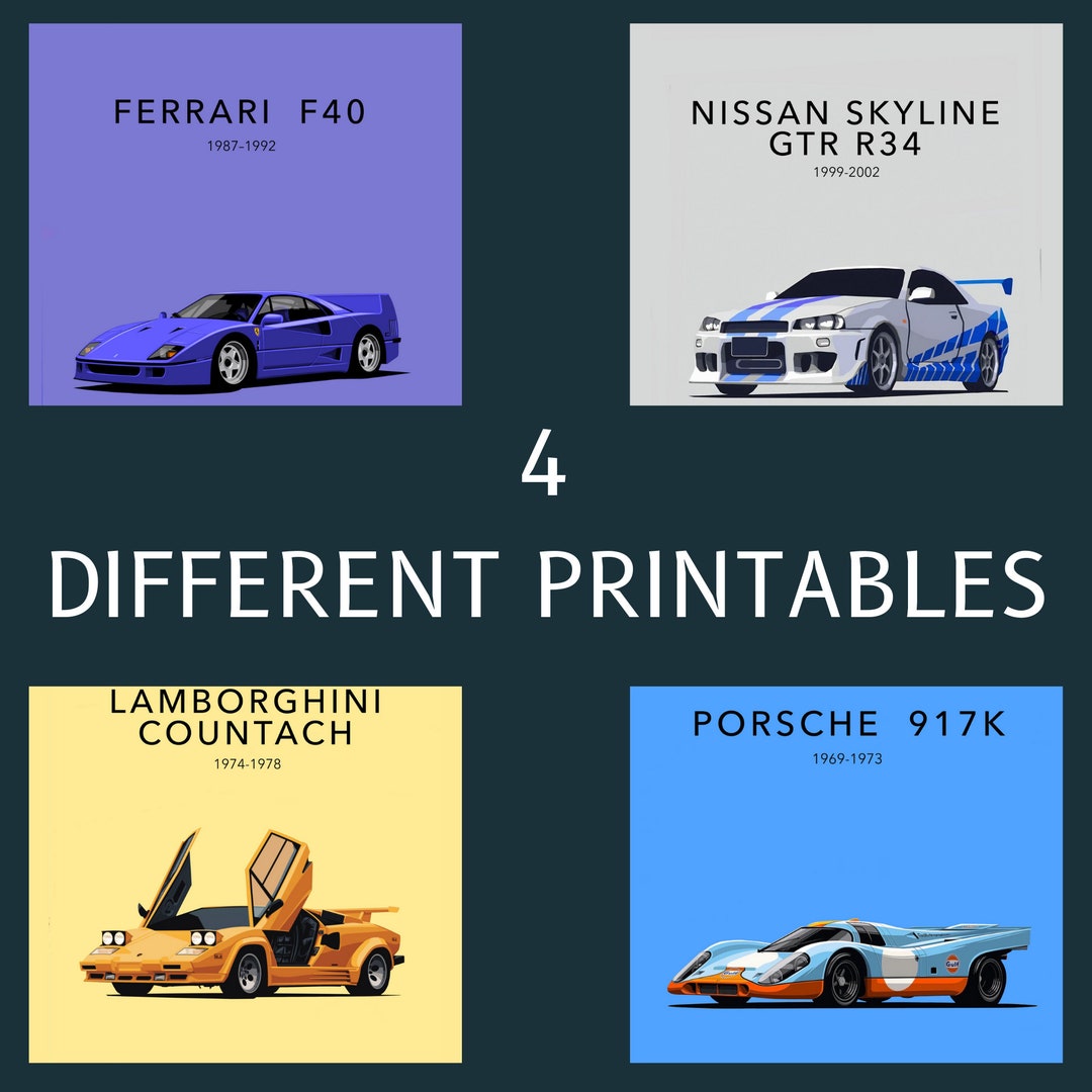 Printable Car Posters. Set of 4 Different, Unique, Colorful Wall ...