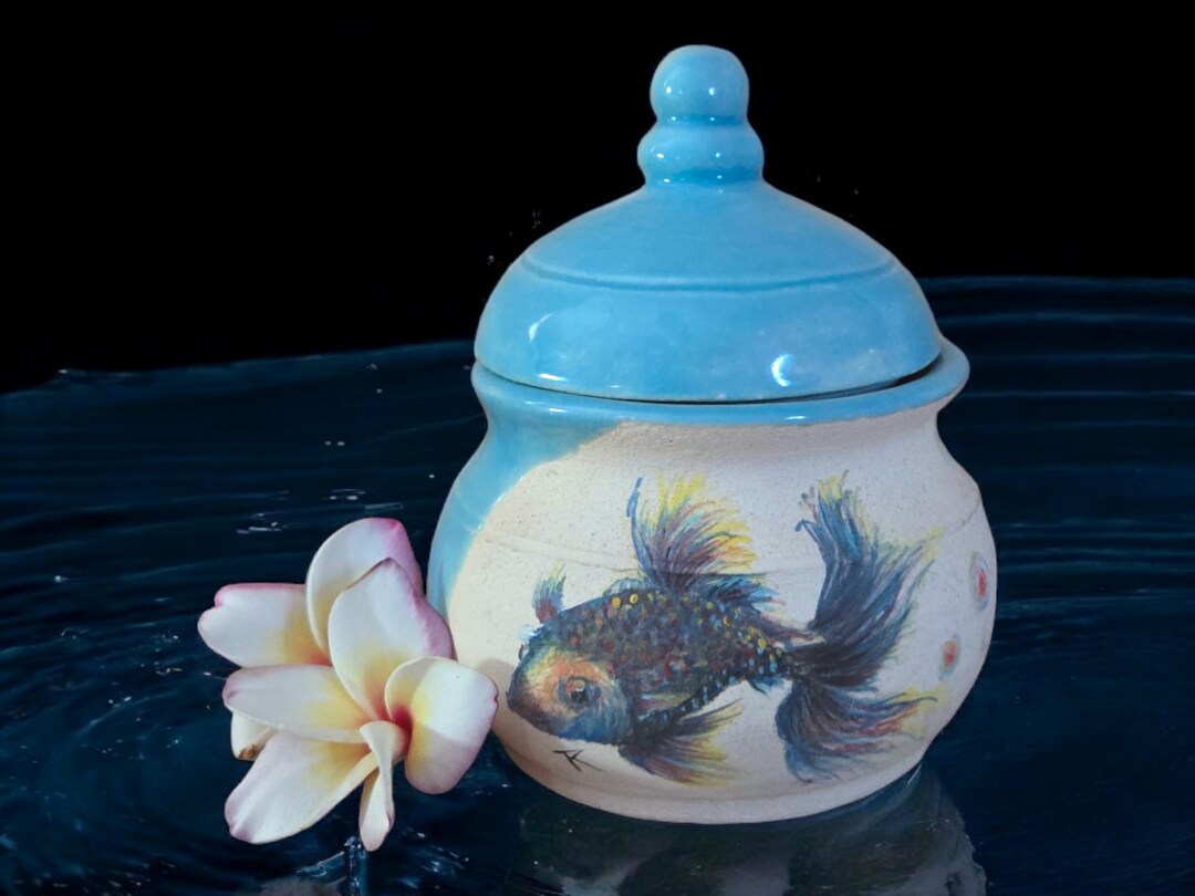 Hand Made Artisian Hand Painted Koi Fish Lidded Turquoise Ceramic Jar ...