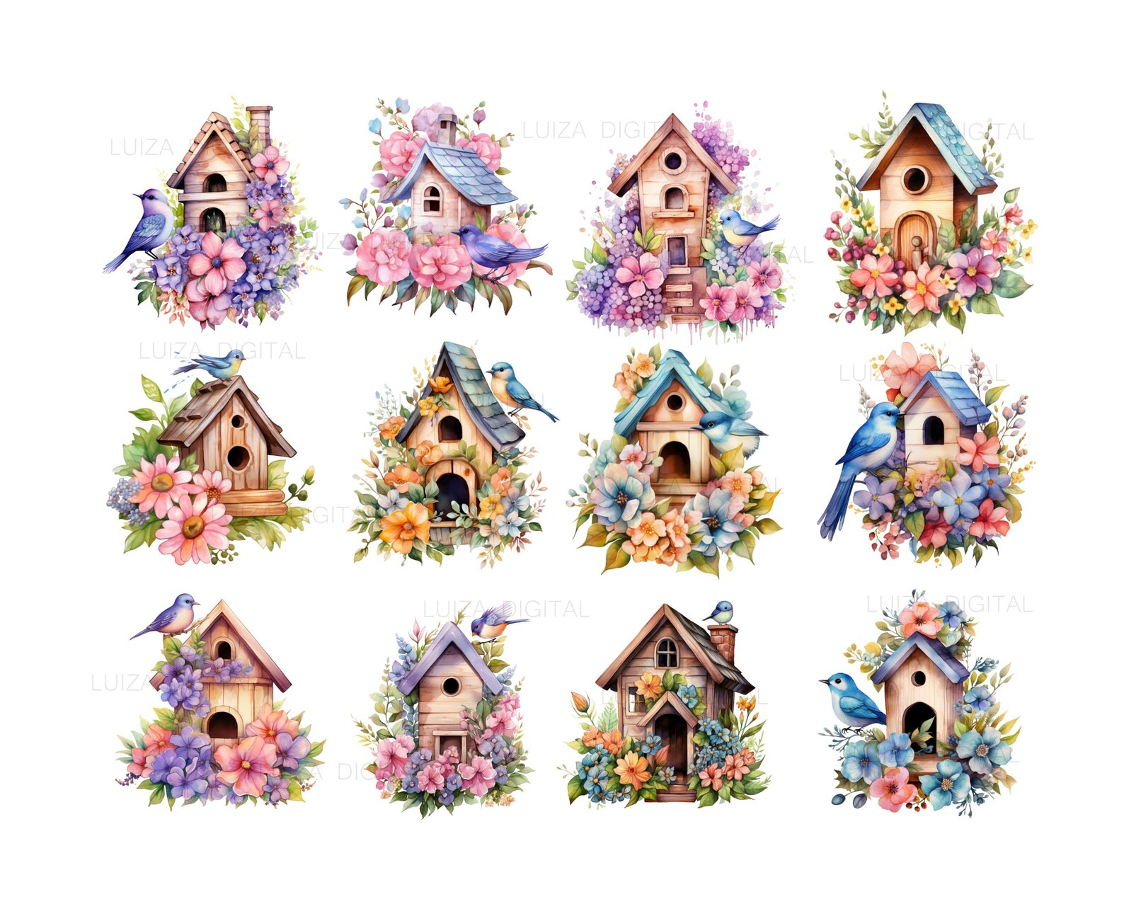 Watercolor Bird Houses Clipart, Springtime Cute Birdhouses and Flowers ...