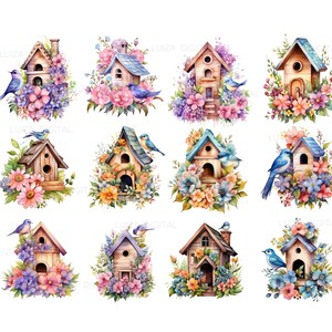 Watercolor Bird Houses Clipart, Springtime Cute Birdhouses and Flowers ...