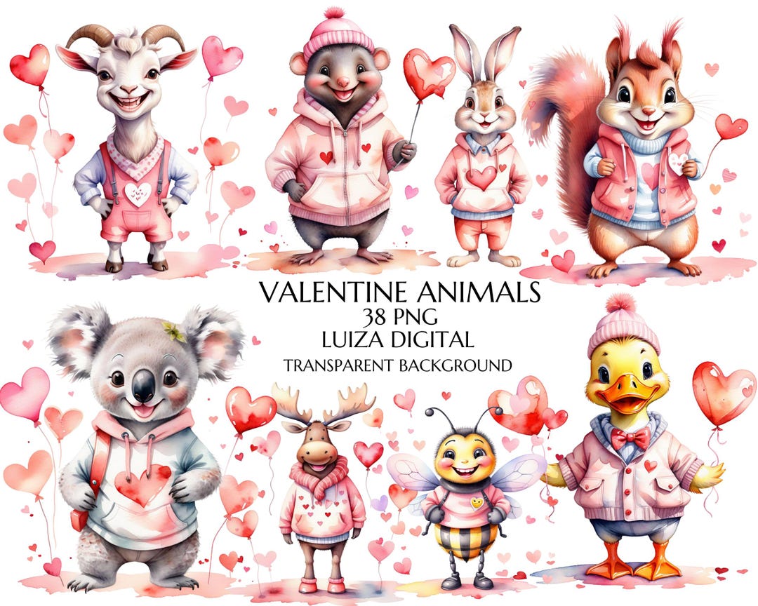 Valentine Woodland Animal Clipart, Cute Animals PNG, Pink Valentine ...