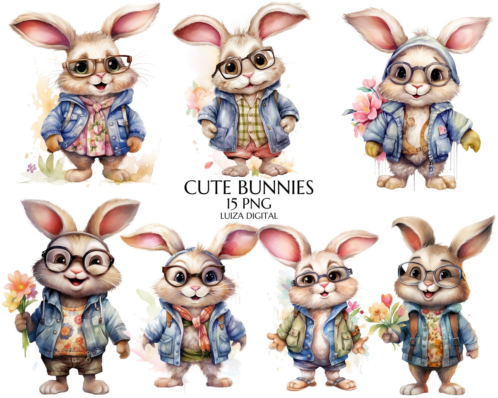 Floral Boy Bunny Clipart, Vintage Bunny Clipart, Watercolor Easter ...