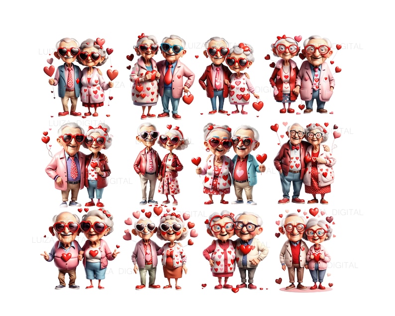 Cute Old Couple Clipart, Cartoon Grandma and Grandpa, Gift for Romantic ...