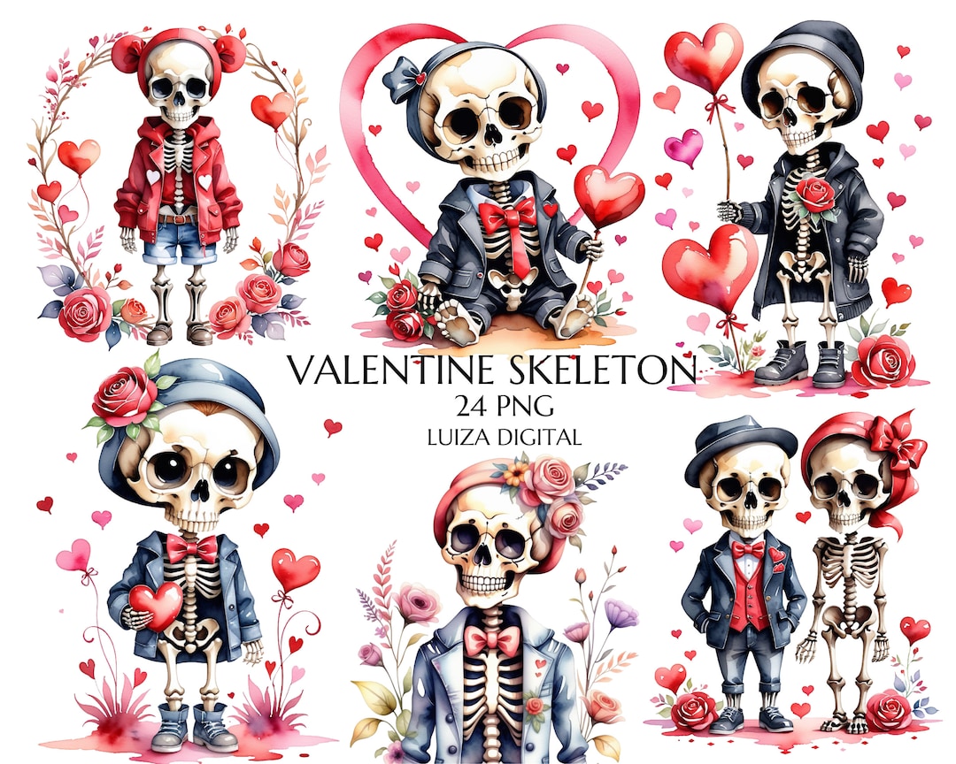 Skeleton Valentine Watercolor Clipart, Skeleton PNG, Anti Valentine ...