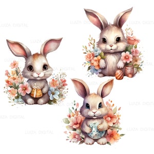Watercolor Floral Bunny Clipart, Vintage Easter Bunny Clipart, Baby ...
