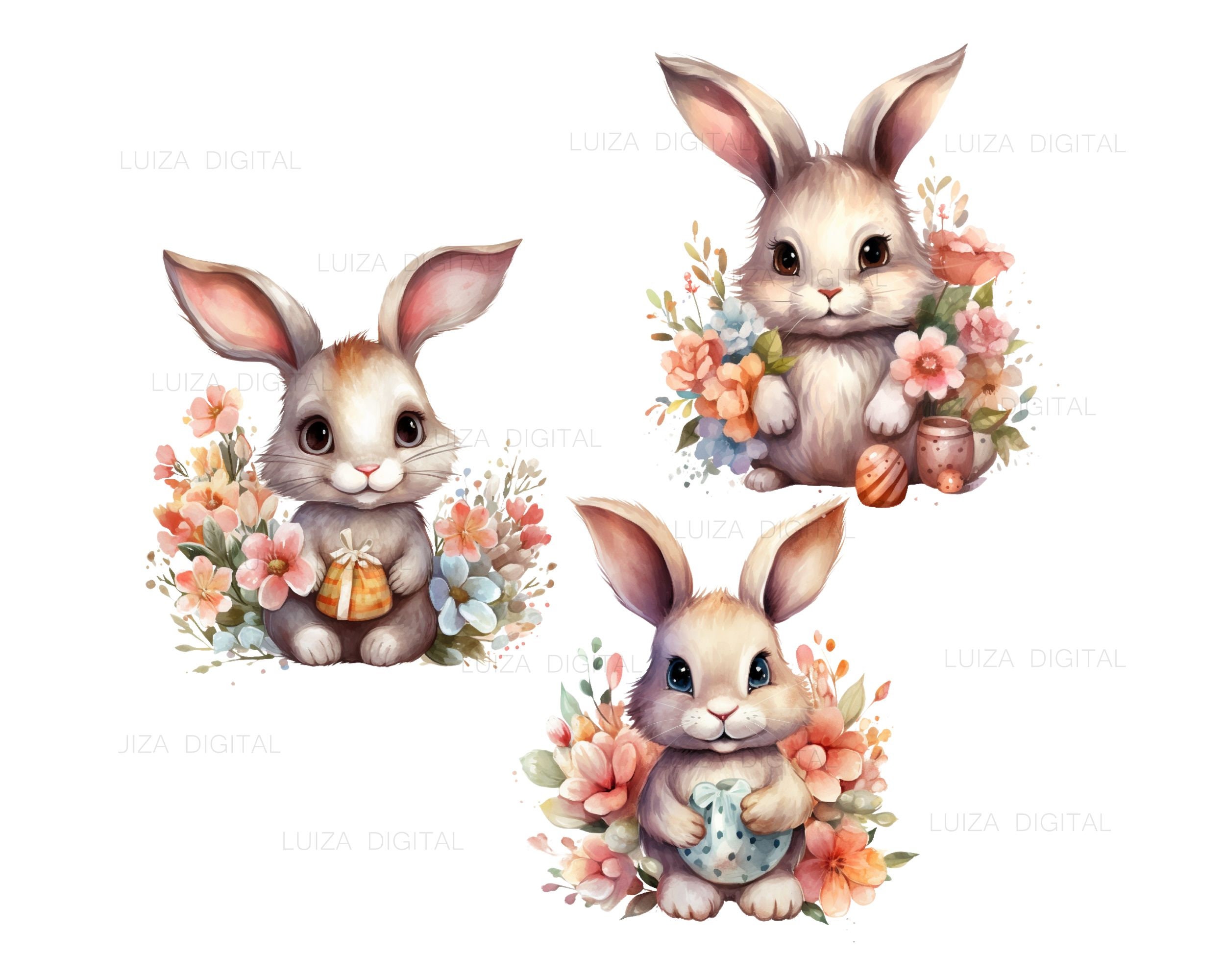Watercolor Floral Bunny Clipart, Vintage Easter Bunny Clipart, Baby ...