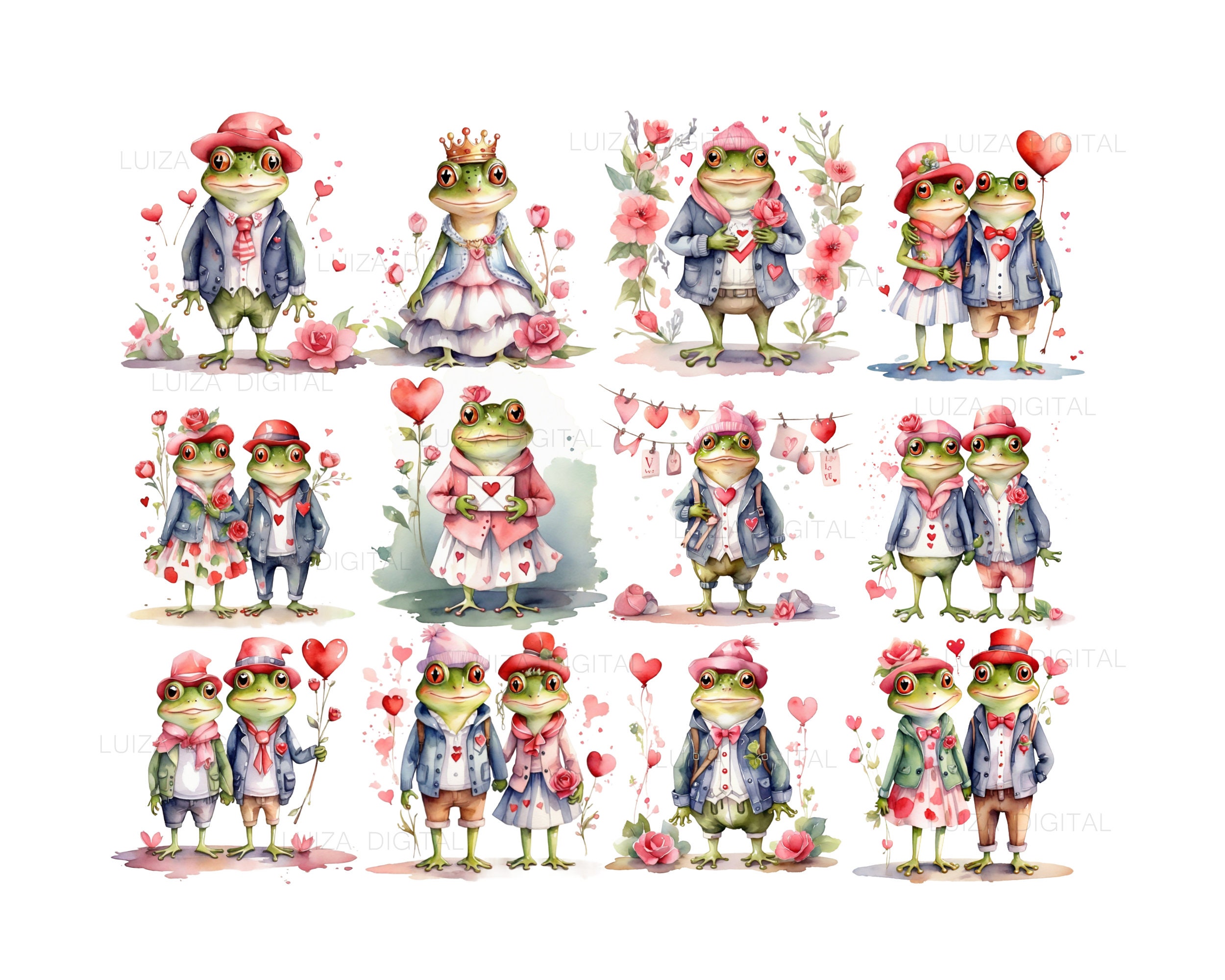 Cute Couple Frog Clipart, Watercolor Wetlands Clipart, Love Frog ...