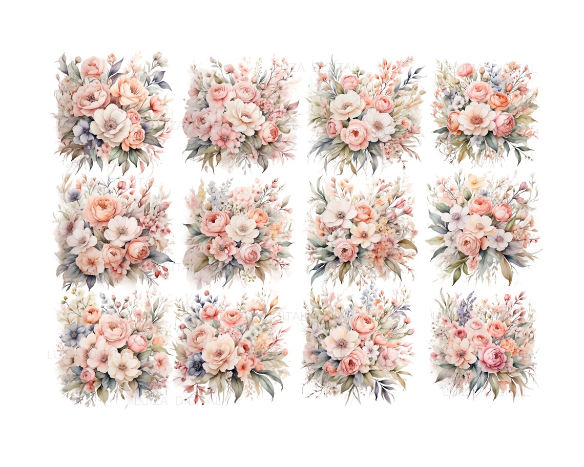 Boho Floral Clipart, Bohemian Bouquet Clipart, Spring Flowers Clipart ...