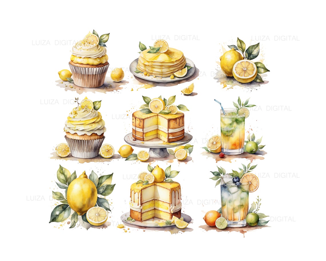 Watercolor Lemon Dessert Clipart, Lemon Cake PNG Bundle, Watercolour ...