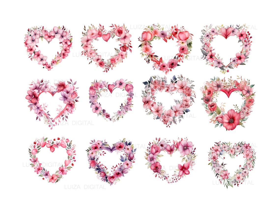 Watercolor Valentines Heart Wreath Clipart, Valentines Day Wildflower ...