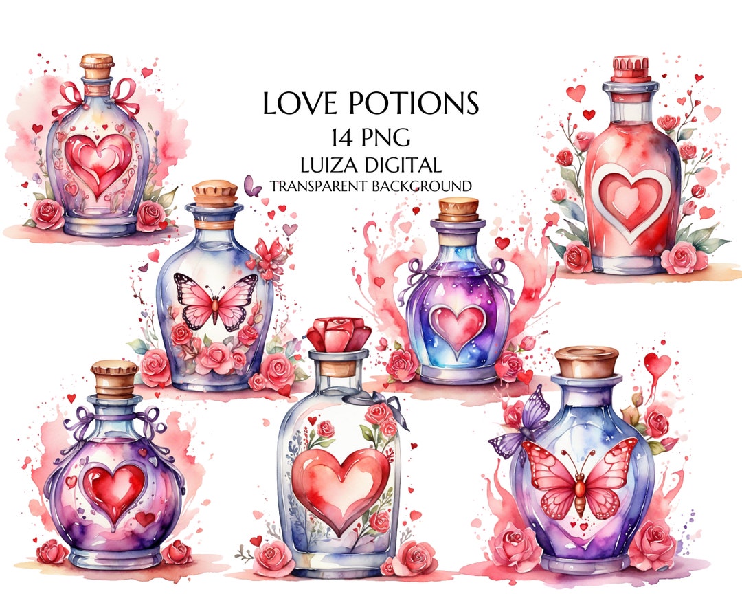 Watercolor Love Potions Clipart - Watercolor Valentine Magic Potion ...