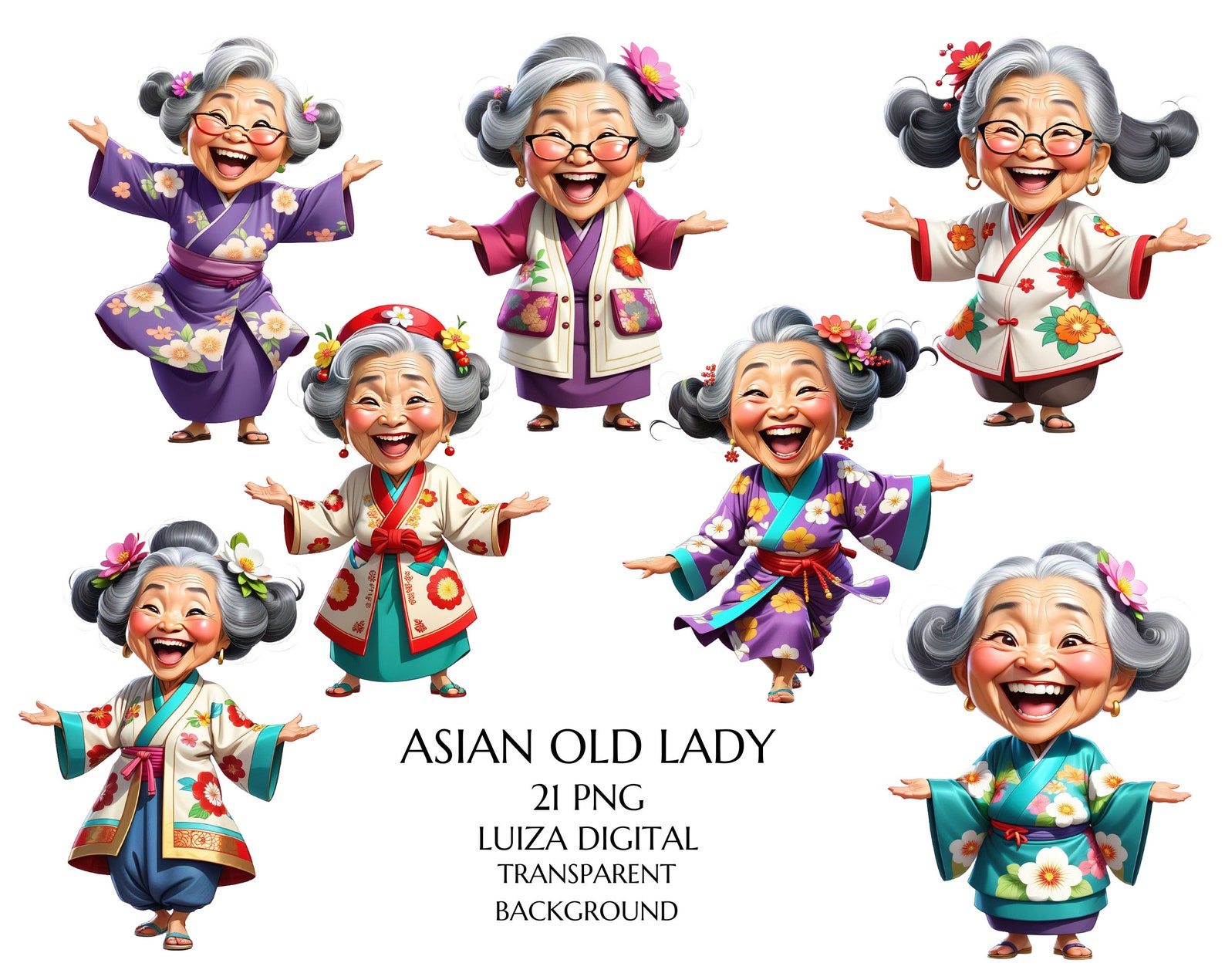 Watercolor Asian Old Lady Clipart, Funny Old Lady Png, Quirky Woman ...