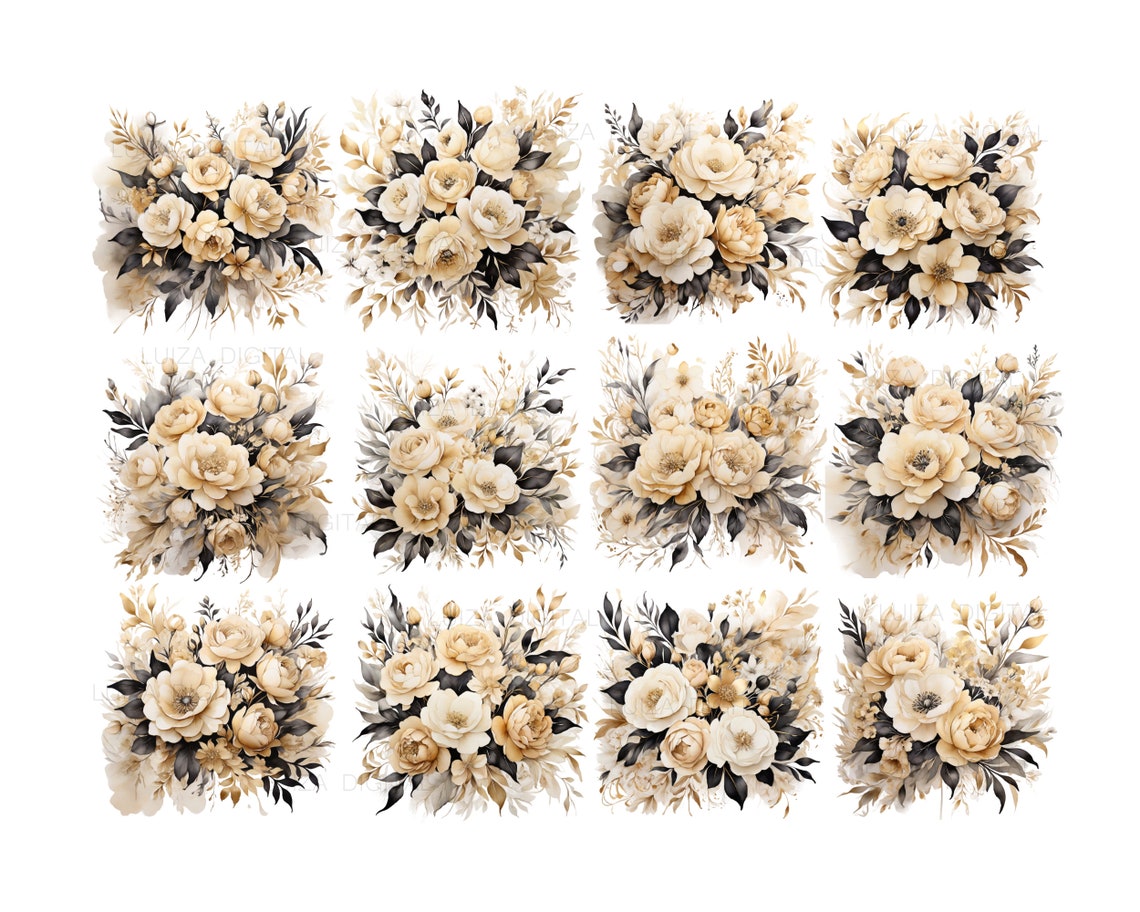 Black and Gold Flowers PNG, Watercolor Floral Clipart Bouquets, Wedding ...