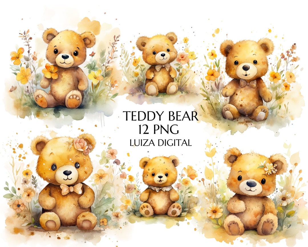 Watercolor Teddy Bear Clipart, Spring Teddy Bear PNG, Newborn Clipart ...