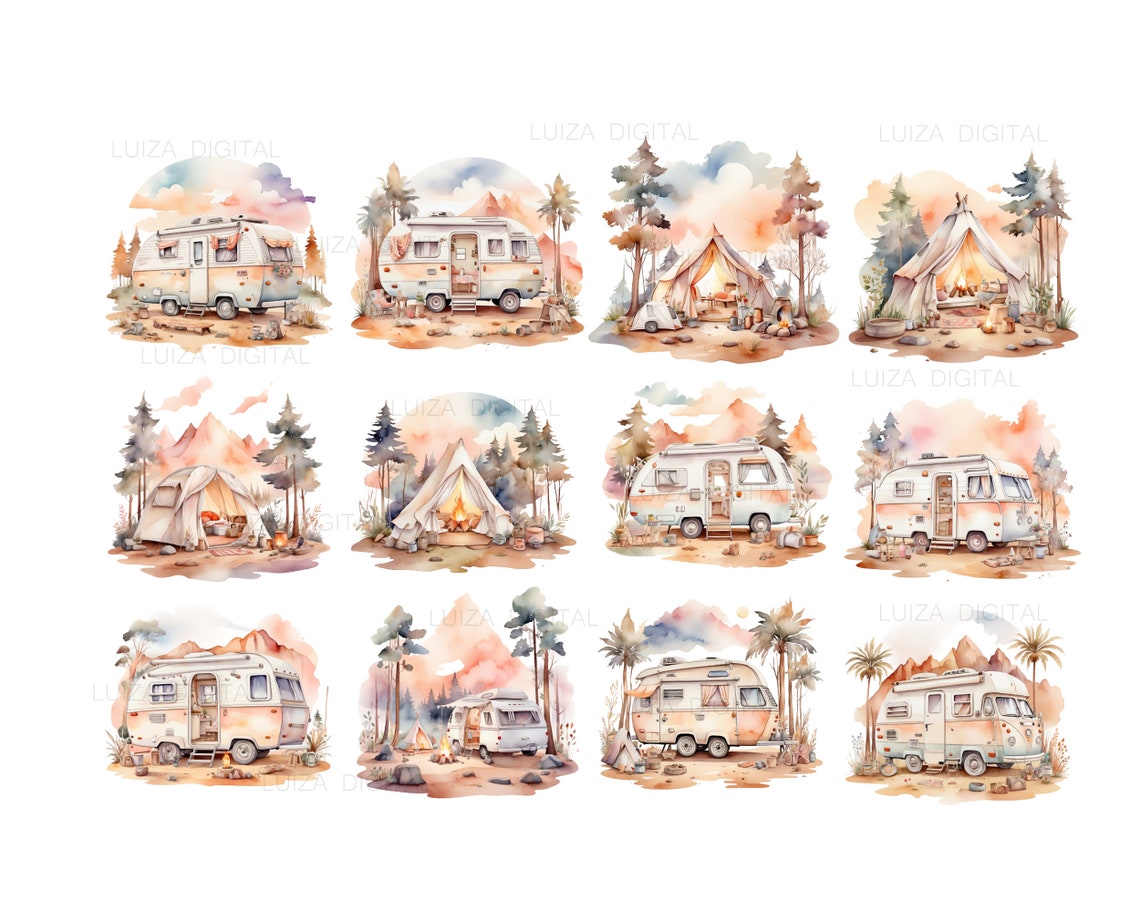 Watercolor Boho Caravan Clipart Bundle, Cute Floral Camper Vans, Cozy ...