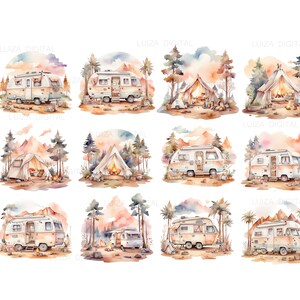 Watercolor Boho Caravan Clipart Bundle, Cute Floral Camper Vans, Cozy ...