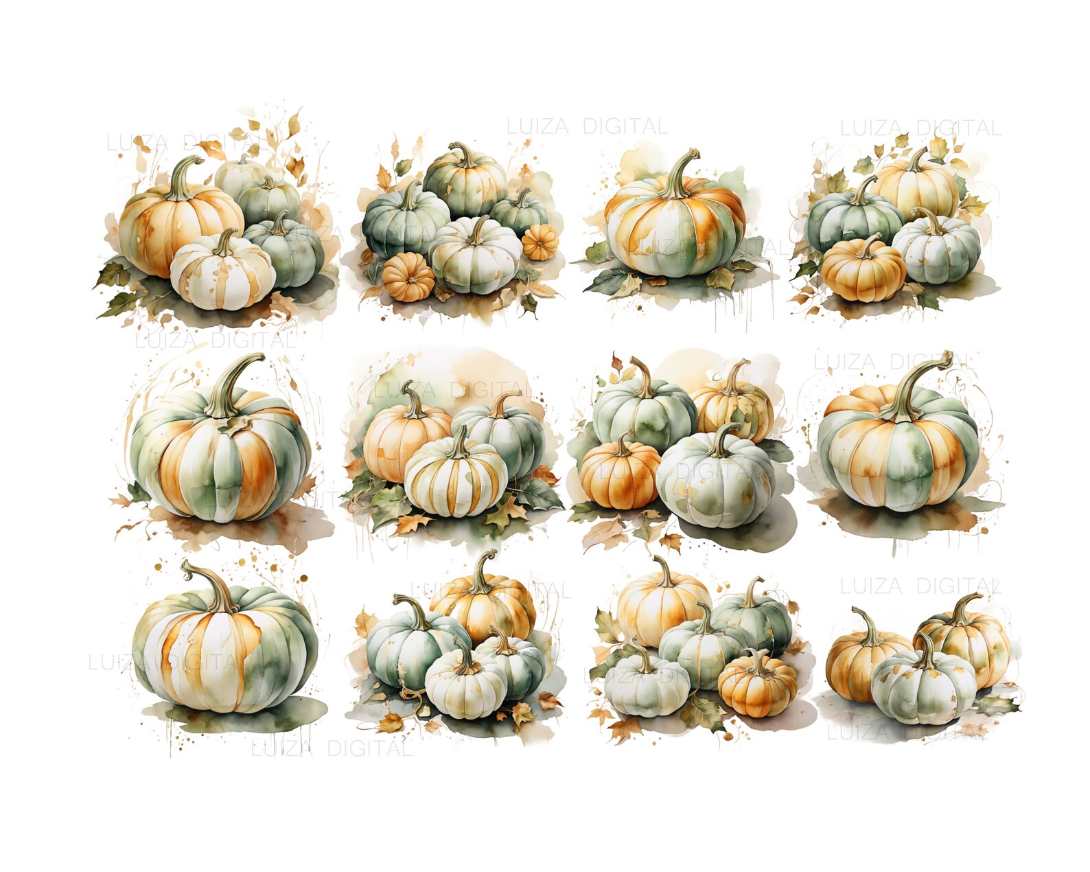 Watercolor Pumpkin Clipart, Autumn Clipart, Green and Gold Pumpkin ...