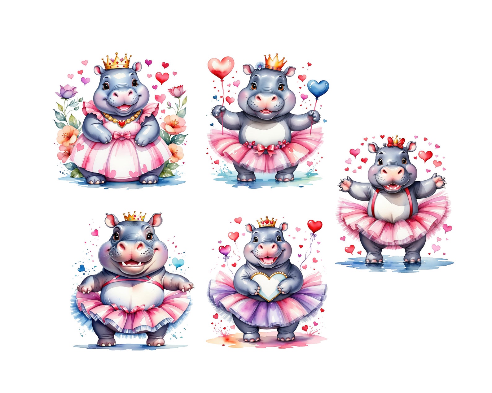 Watercolor Valentine Hippo Clipart, Love Clipart, Cute Hippo Png, Baby ...