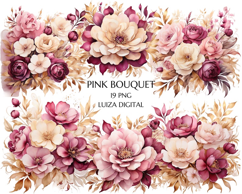 Pink Flowers PNG, Watercolor Magenta Floral Clipart Bouquets, Wedding ...