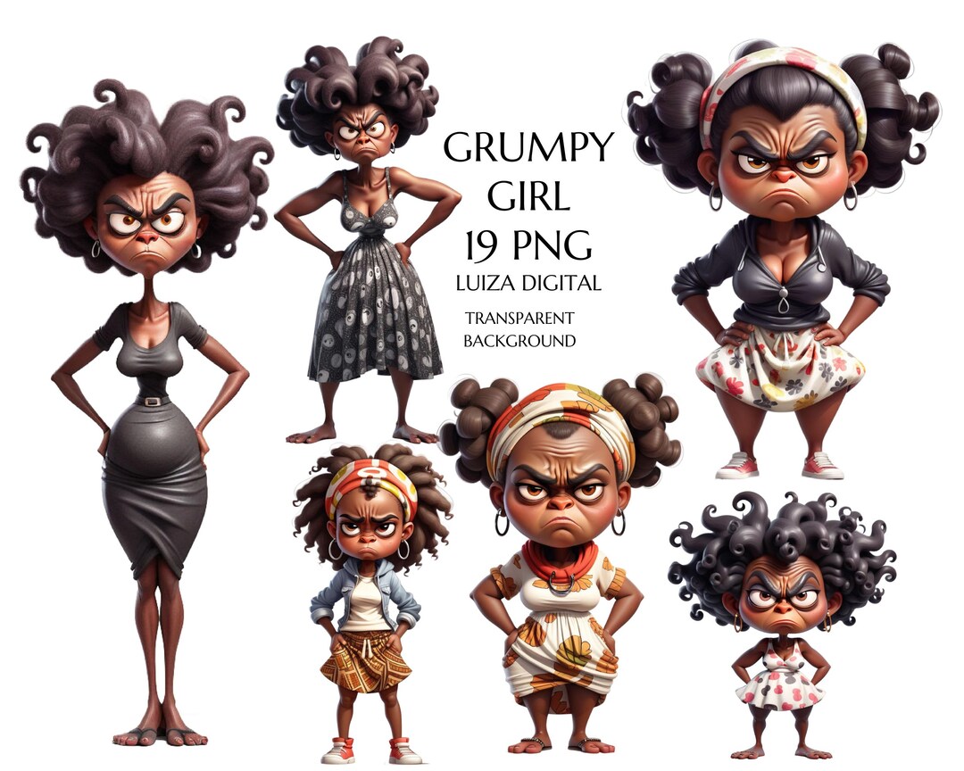 Grumpy Black Lady Clipart, Grumpy Girl Clipart, Watercolor Quirky Black ...