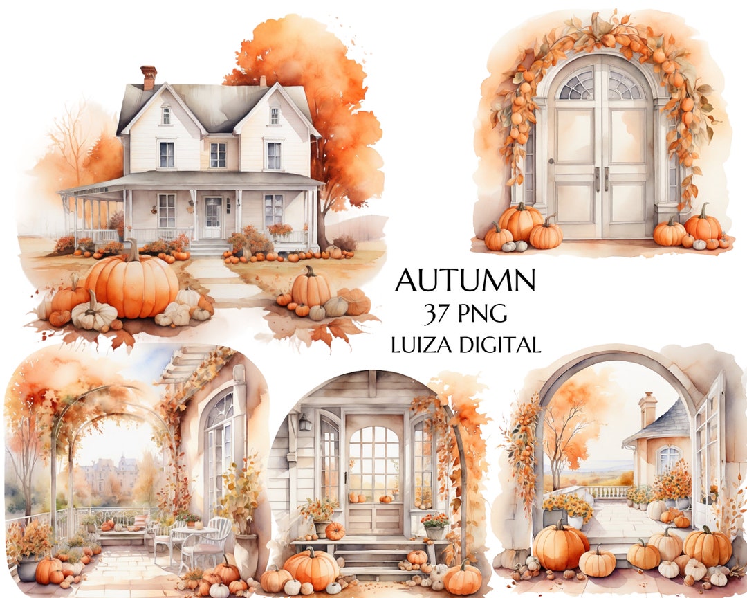 Watercolor Autumn Farmhouse Clipart, Fall Porch Clipart, Cozy Corner ...