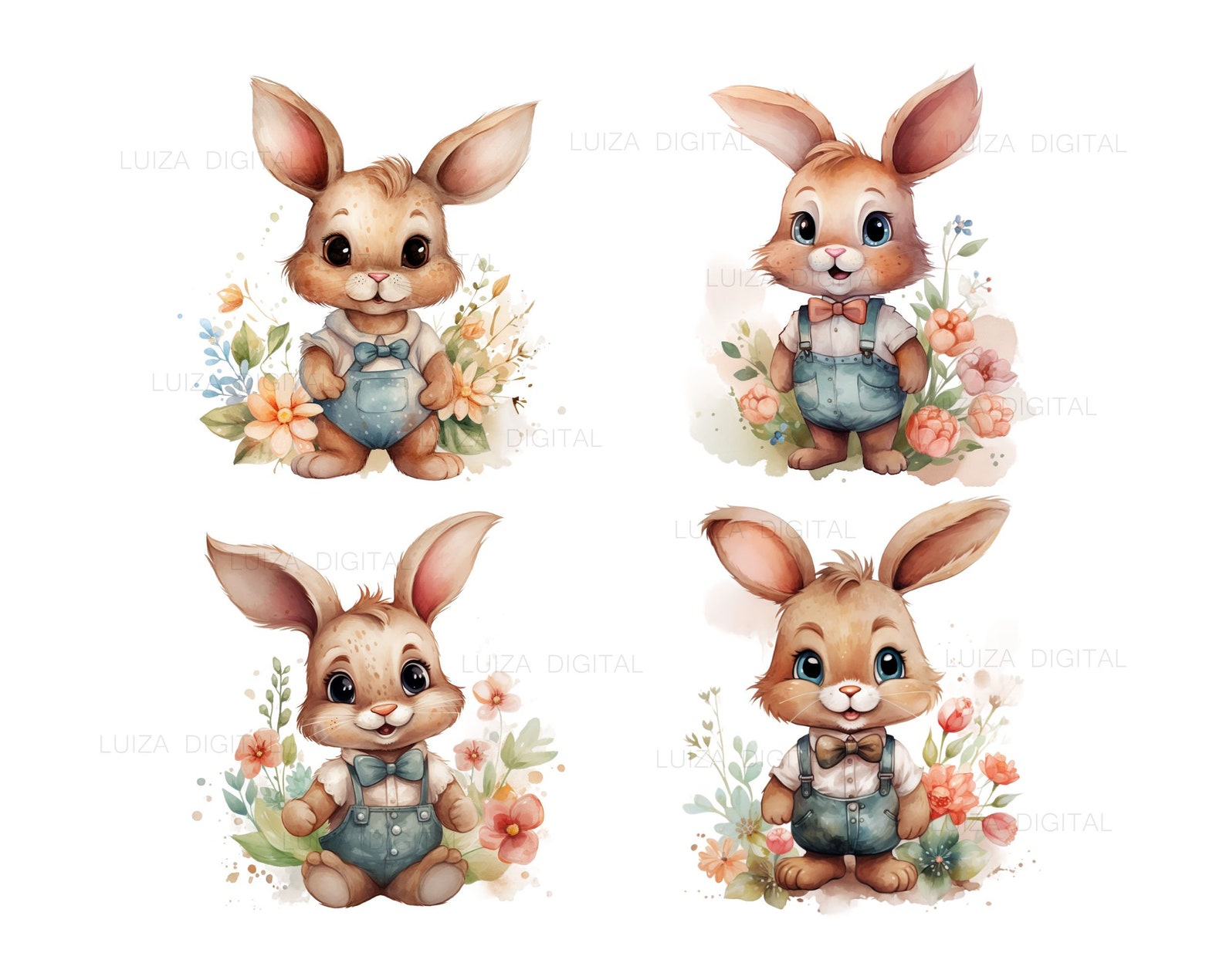 Watercolor Floral Bunny Clipart, Vintage Easter Bunny Png, Country ...