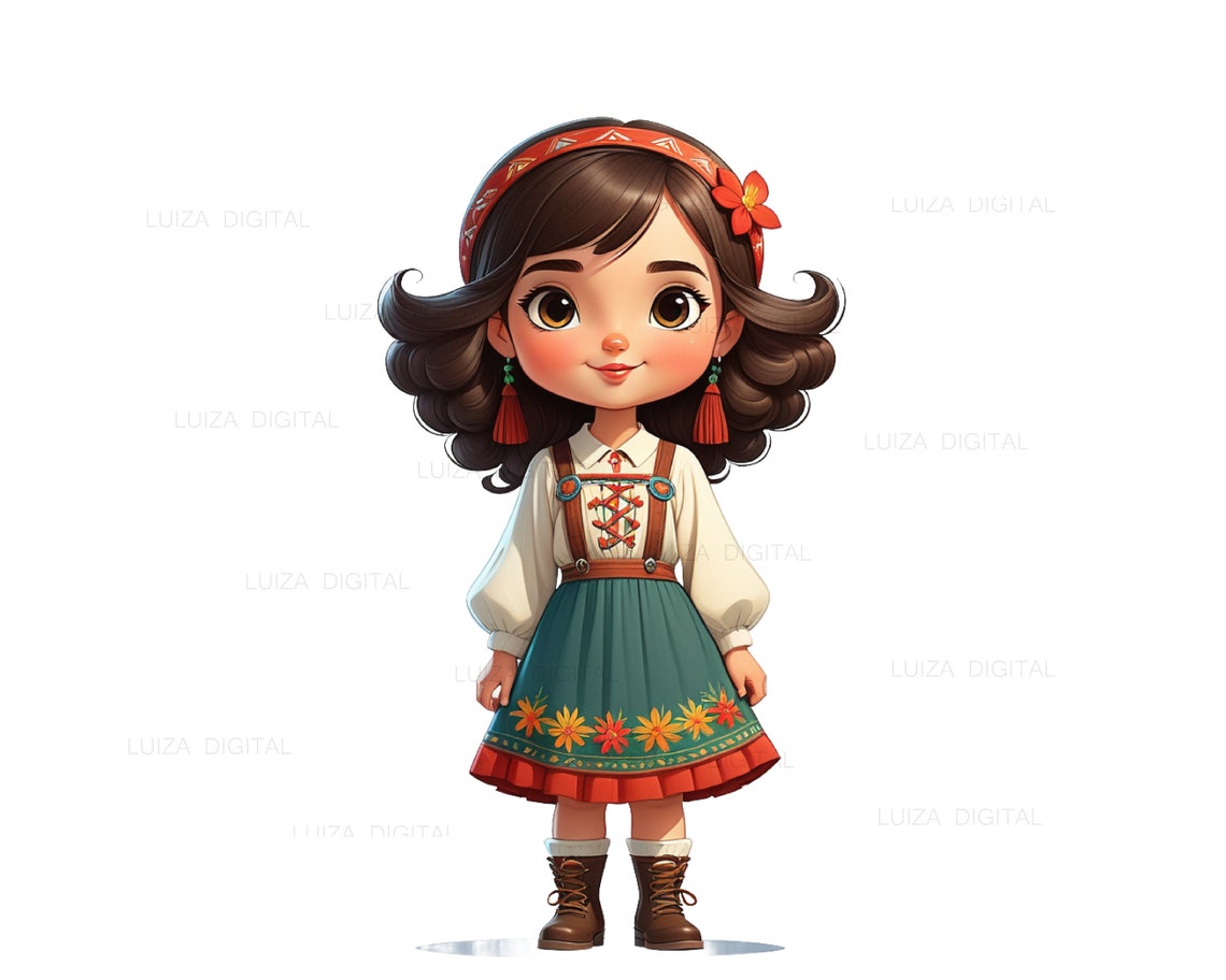 Cartoon Girl Folk Art Clipart, Scandinavian Valentines Girl, Folk Woman ...
