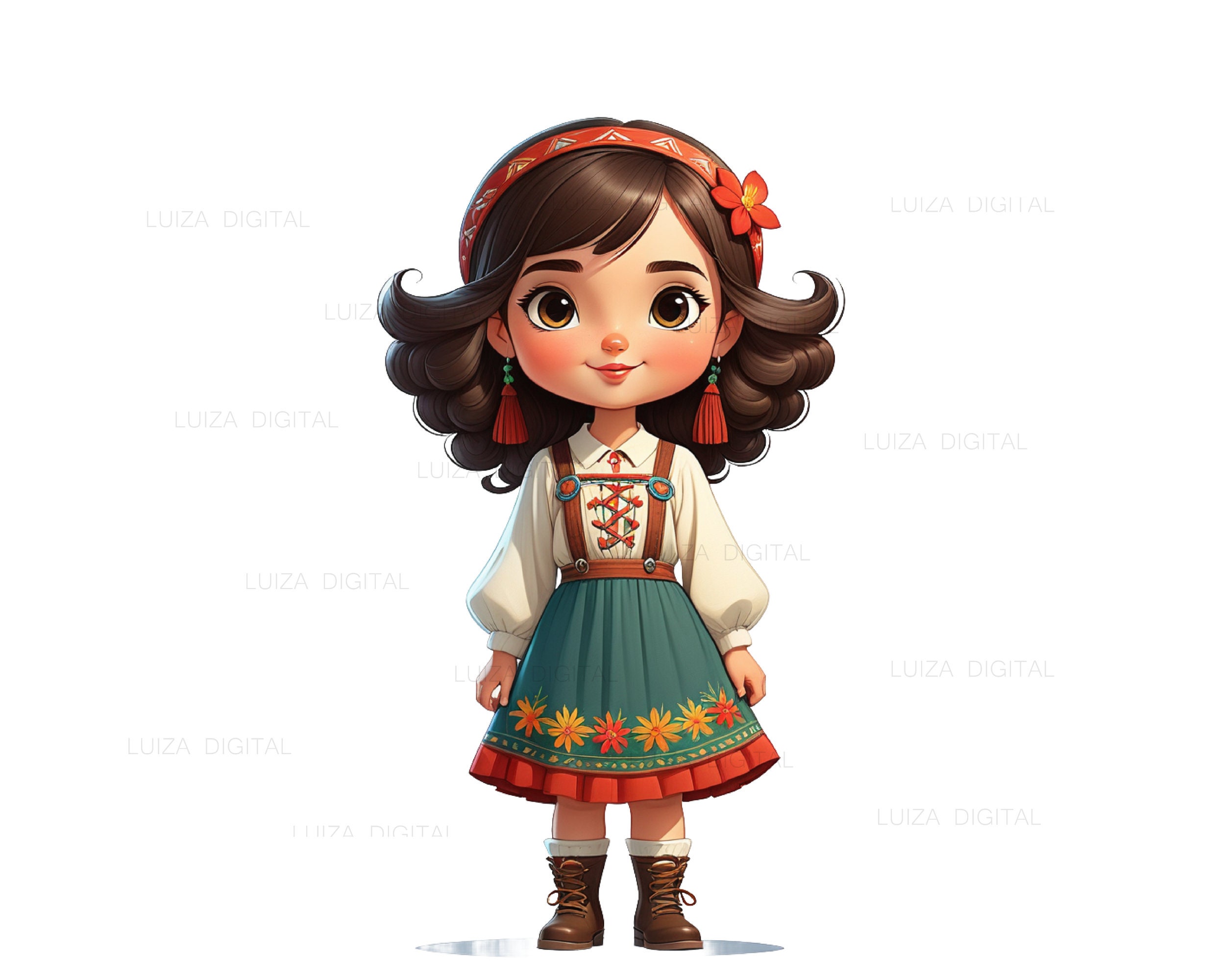 Cartoon Girl Folk Art Clipart, Scandinavian Valentines Girl, Folk Woman ...